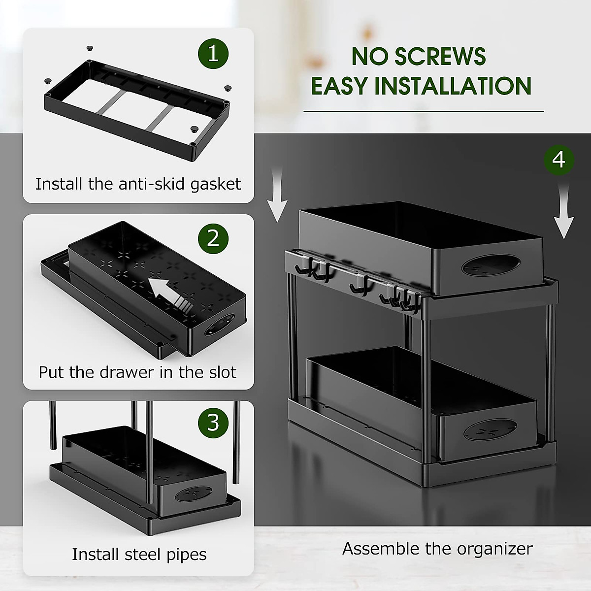 2PACK Double Sliding Cabinet Organizer, Under Sink Organizers and Storage, 2 Tier Kitchen Organization with 6 Hooks, Bathroom Countertop Organizer, Pull Out Cabinet Organizer Baskets