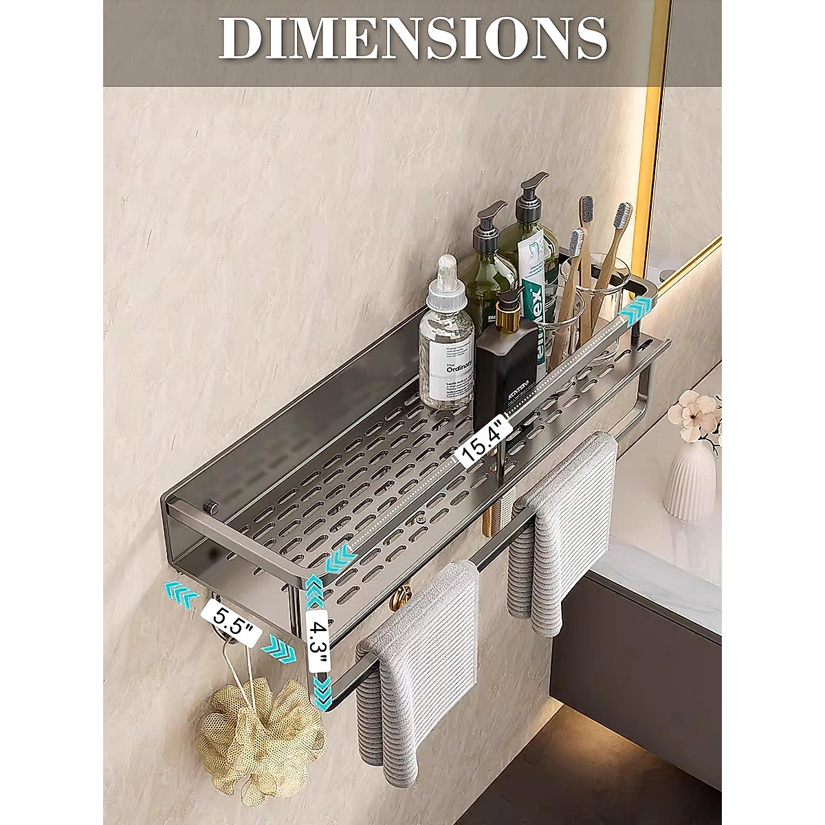 Z metnal Shower Shelves with Towel Bar & Hooks, Small Floating Wall Shelves for Kitchen, Adhesive Shower Caddy Organizer Basket, 16 inch, No Drilling or Wall Mounted, Black,2 pcs