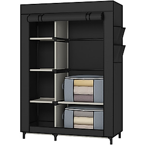 Calmootey Portable Closet, Wardrobe with 6 Shelves and Hanging Rod, Storage Organizer for Bedroom, Non-Woven Fabric Cover with 4 Side Pockets, Includes 2 Storage Bags for Clothes, Black