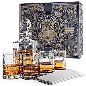 Whiskey Decanter Set with Glasses Regal Trunk & Co, 4 Square Engraved Tumblers Whisky Decanter & Glass Set, Crystal Decanter Set Bourbon and Scotch, Gift Box and with Liquor Glass Polishing Cloth