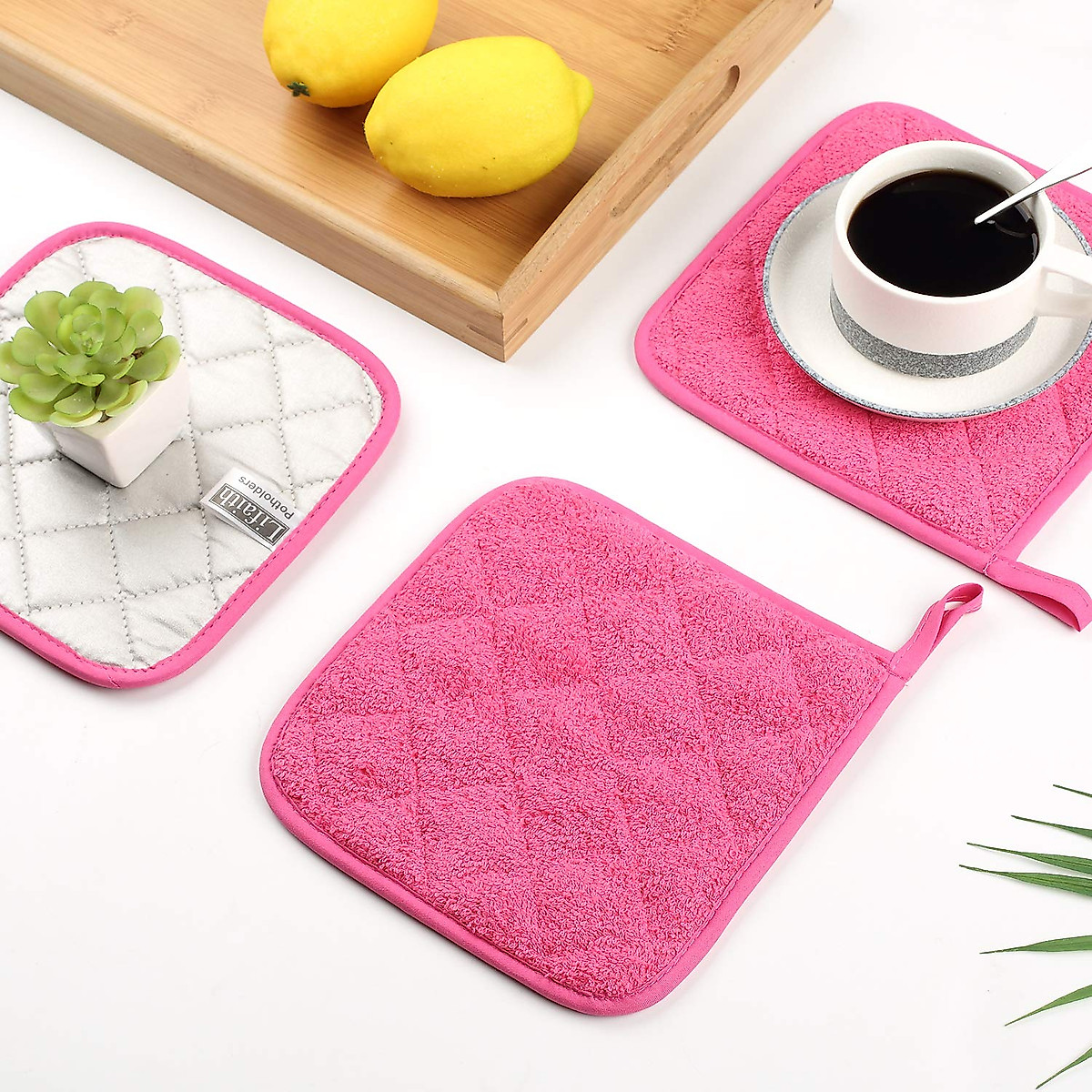 100% Cotton Kitchen Everyday Basic Terry Pot Holder Heat Resistant Coaster Potholder for Cooking and Baking Set of 5 (Dark Pink, Potholder)