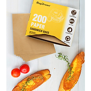 BagDream Paper Sandwich Bags 7.9x6.3x1.96" 200ct Recyclable Kitchens Paper Sack Sandwich Bags, Sealable with Thank You Stickers, Unbleached Natural Kraft Paper Bags