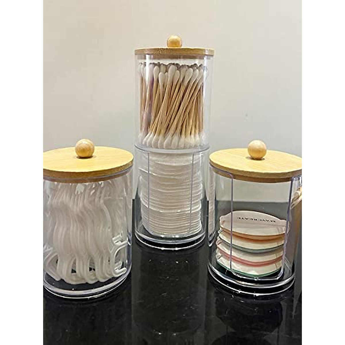 2 Pack Qtip Holder Dispenser with Bamboo Lids, Acrylic Round Clear Container for Makeup Remover Makeup Cotton Storage, Organizers and Storage for Bedroom Bathroom Decor