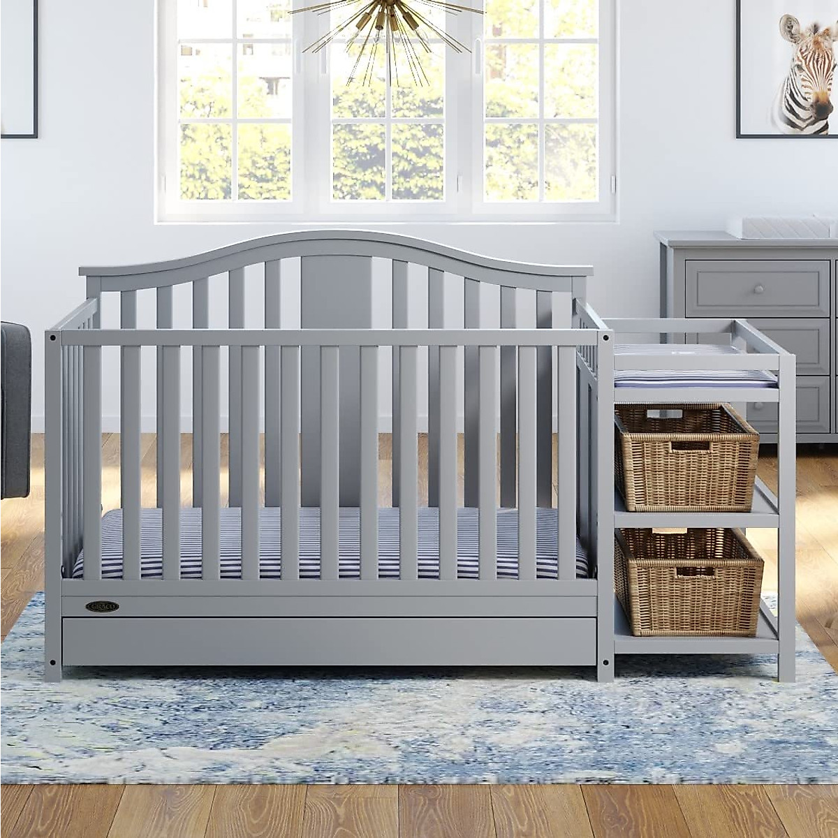 Graco Solano 4-in-1 Convertible Crib and Changer with Drawer (Pebble Gray) – Crib and Changing -Table Combo with Drawer, Includes Changing Pad, Converts to Toddler Bed, Daybed and Full-Size Bed
