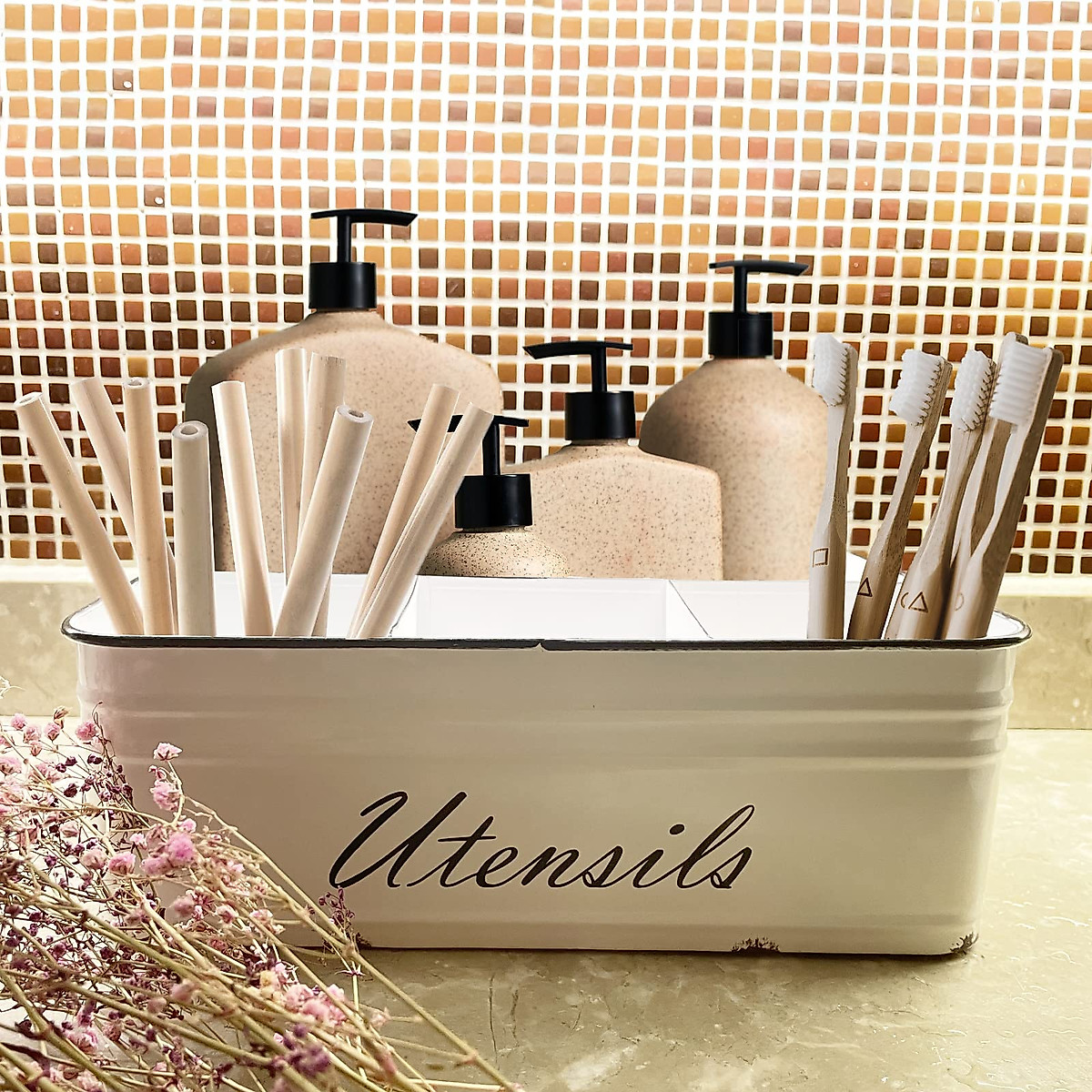 AWAHITAWA Utensil Caddy White Rustic Galvanized Metal Caddy, Farmhouse Kitchen Organizer with Comfortable Wooden Handle Storage For Flatware,Condiments,Party Cutlery, Picnic-White