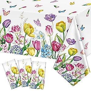 3 Pieces Spring Summer Floral Table Cover Watercolor Tulip Tablecloth Plastic Floral Tablecloth for Easter, Dining Kitchen Room Picnic Camping Party Holiday Decor, 54 x 108 Inch (Fresh Style)