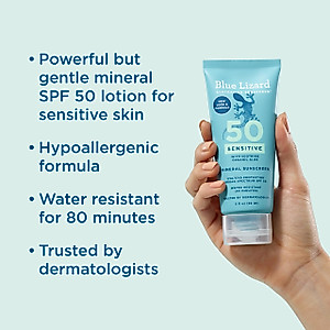 Blue Lizard SENSITIVE Mineral Sunscreen with Zinc Oxide, SPF 50+, Water Resistant, UVA/UVB Protection with Smart Cap Technology - Fragrance Free, 3 oz. Tube