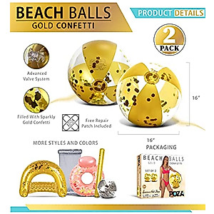 POZA Inflatable Large Beach Ball – Pool Accessory Glitter Confetti 16 Inch Premium Beach Theme Water Sand Toy Favors for Beach Party Decorations Pool Party Supplies Beach Balls – Set of 2 (Gold)