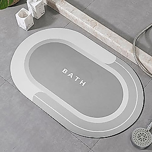 UVTQSSP Bath Mat Rug, Non-Slip Super-Absorbent Quick Dry Washable No Stains Oval Rubber Mat for Bathroom Floor, Tub and Shower, 24" x 16" Grey