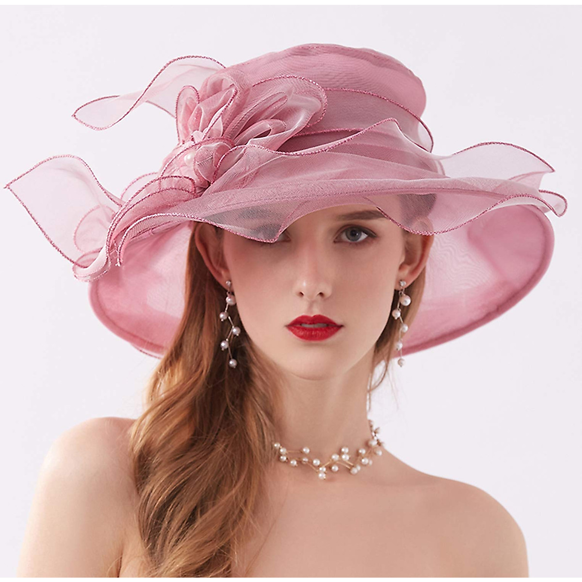 ORIDOOR Women’s Organza Church Tea Party Wedding Fascinator Hat UV-Anti Wide Brim Sun Hats (C Light Purple) …