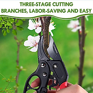premium garden clippers, MUSTKING ratchet pruning shears, weak handed and arthritic garden shears for flowers, stems, roses, shrubs, hedges, pruning 3 times easier, sharp scissors gardening tools