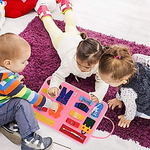 CNHBSS Busy Board, Montessori Toddler Toys, Felt Sensory Board, Gifts for 1 2 3 4 Boys and Girls, Learning Fine Motor Skills Cognitive Letters and Numbers, Toddler Activities Travel Toys(Pink)