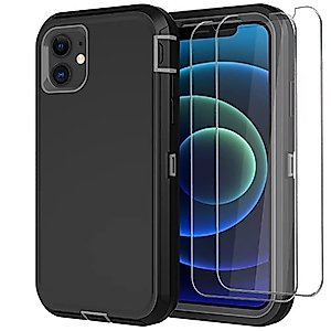 Wedall iPhone 12/12 Pro Heavy Duty Military Case, Shockproof 3-Layer Protection, 2 Screen Protectors, Black/Gray