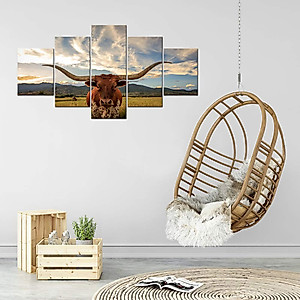 5 Piece Animal HD Painting Canvas Prints Texas Longhorn Steer in Rural Utah Giclee Artwork Modern Framed and Stretched Wall Art Painting for Living Room Decor - 60''W x 32''H