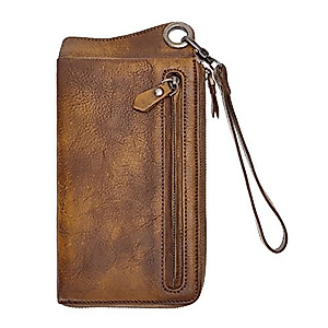 ZLYC Vintage Handmade Dip-dye Leather Wallet Card Holder Long Clutch with Detachable Wristlet (Brown)