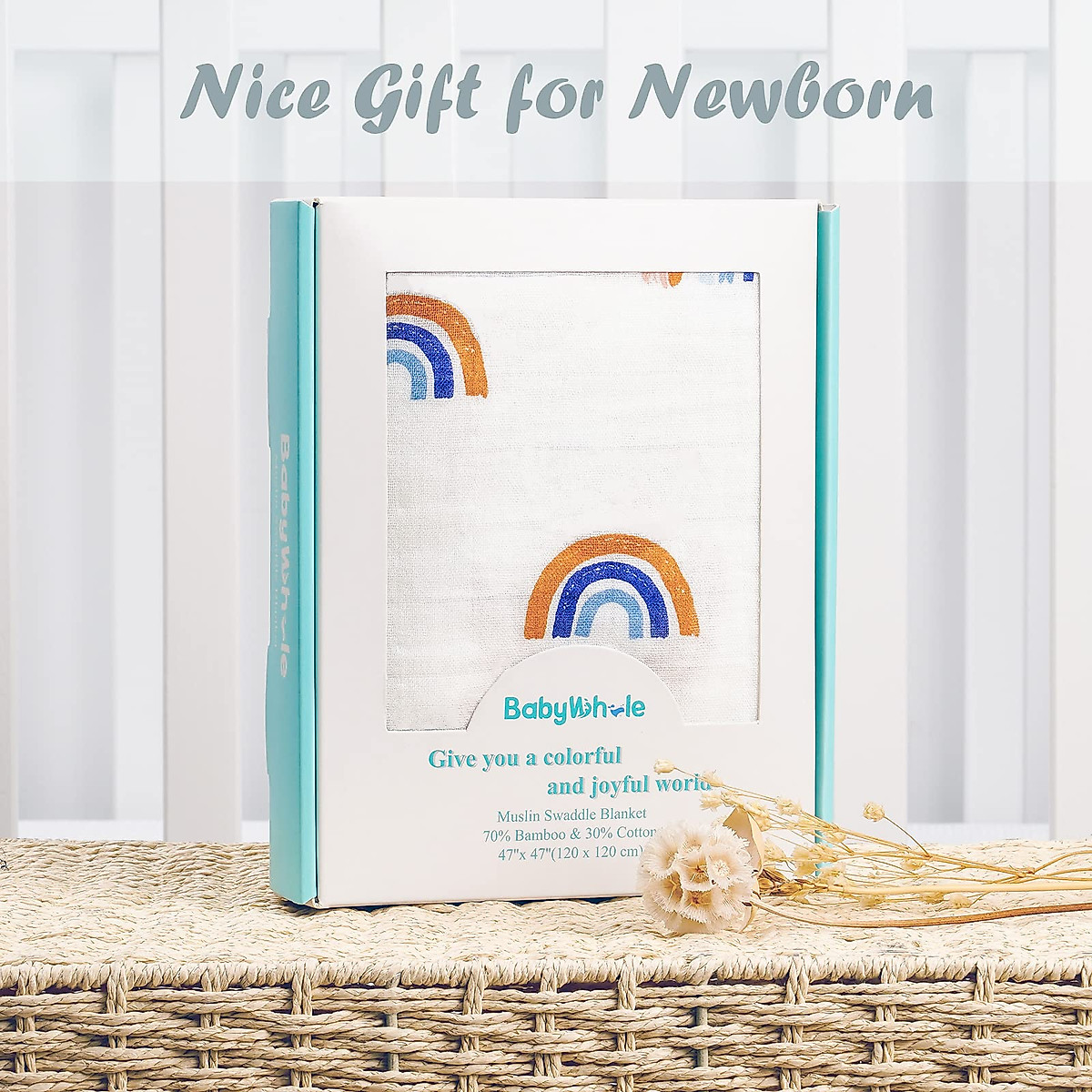 BabyWhale Muslin Swaddle Blanket with Hat and Headband Bow, Rainbow Pattern Swaddle Set for Baby Boys ＆ Girls, Newborn Soft Breathable Unisex Receiving Blanket Wrap, 47x47 inches