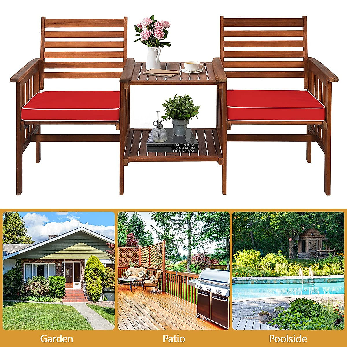 HAPPYGRILL Acacia Wood Loveseat with Table Patio Bistro Set Wooden Table Chairs Set with Cushions, Outdoor Furniture Set with 2.1 inch Umbrella Hole for Garden Balcony