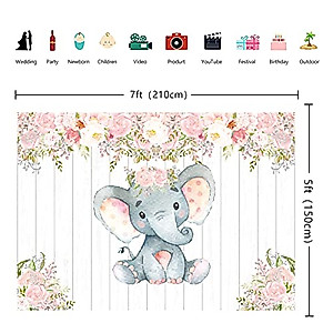 INRUI Elephant Theme Photography Background Pink Floral Elephant Baby Shower Party Decoration Backdrop 7x5FT