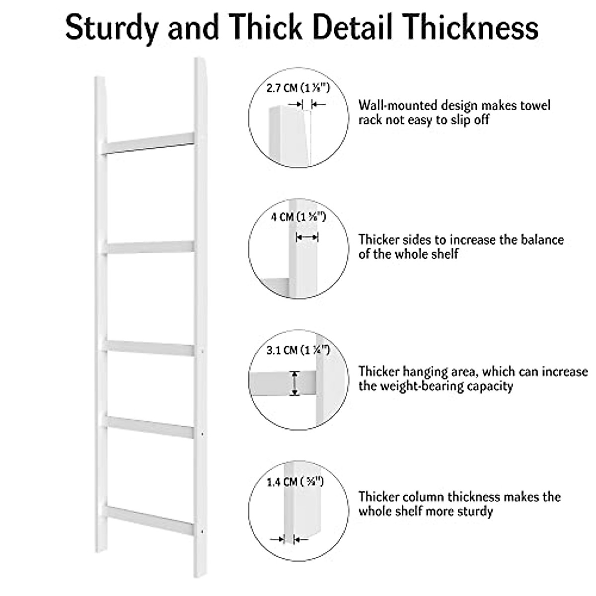 WTZ Blanket Ladder, 5-Layer Towel Racks, Blanket Holder with Anti-Slip Construction Home Decor, Decorative Blanket, Quilt, Towel, Scarf Ladder Shelves for Livingroom, Bedroom, Bathroom, White