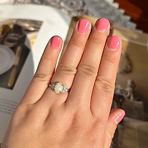 Dainty Simple Rings Opal Ring for Women Oval Lab Created White Opal & Round Cubic Zirconia Personalized Engraved Custom Name Sterling Silver (1)