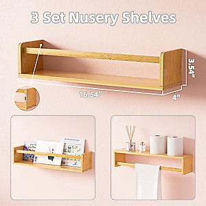 Senjie Nursery Book Shelves,15.7 inch Kids Bookshelf,Wall Book Shelves for Kids Room, Home Decor - Kitchen Spice Rack Set of 3 - Nature