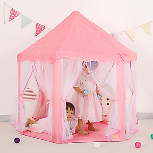 LimitlessFunN Hexagon Princess Play Tent | Includes Star Lights & Carrying Case |, Children Large Indoor Castle Playhouse for Girls, Toddlers, 55" D x 55" W x 53" H