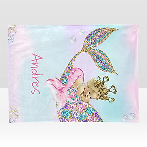 XOZOTY Personalized Mermaid Pink Girl Baby Blanket with Name Custom Baby Nursery Throw Fleece Blankets for Boys and Girls Birthday Tapestry 30 X 40inch