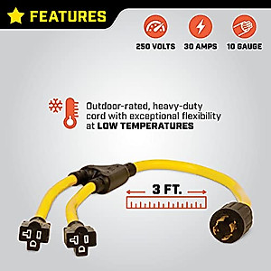 Champion 3-Foot 30-Amp 125/250-Volt Generator Y-Adapter (L14-30P to two 5-20R)