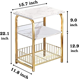 Garden 4 you End Table 2PC Side Table 3 Tiers White Marble Nightstand Industrial Retro Storage Shelf for Living Room Bedroom Kitchen Family and Office,Stable Wood and Metal Frame