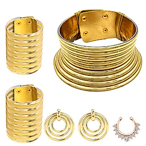 Beupy 6 Pieces Gold African National Tribal Costume Accessories Set Long Neck Collar Necklaces Metal Bracelet Gothic Chunky Nose Hoop Chain Swirl Earrings African Jewelry Set for Women