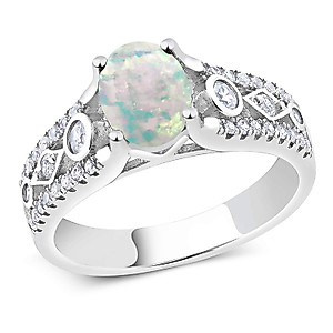 Gem Stone King 925 Sterling Silver White Simulated Opal Engagement Ring For Women (1.56 Cttw, Cabochon Cut 8X6MM, Available 5,6,7,8,9) (Size 8)