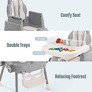 Baby High Chair,Adjustable Convertible 3 in 1 Baby High Chairs Baby Toddlers Feeding Chair Booster,5-Point Harness,Removable Tray&PU Cushion (Gray)