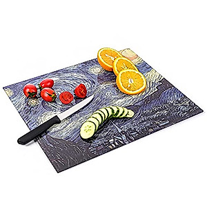 Menesia Tempered Glass Cutting Board for Kitchen, Van Gogh Design Blue Starry, Large Heat Resistant Cutting Boards, Dishwasher Safe Chopping Board(Large 12x14inch)