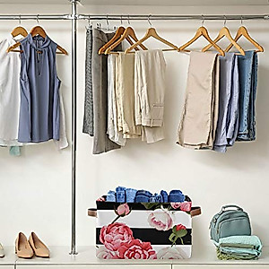 AGONA Large Foldable Storage Bin Peony Roses Black White Stripes Storage Bins Collapsible Decorative Fabric Storage Baskets with Leather Handles for Home Closet Bedroom Organizer Nursery 1 Pack