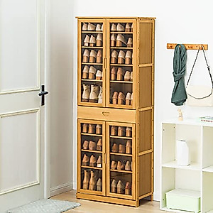 MoNiBloom Tall Shoe Storage Cabinet with 2 Double Doors Bamboo Free Standing Shoes Shelf Stand with 1 Drawer for 32-36 Pairs Entryway Hallway Bedroom, Natural