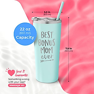 Best Bonus Mom Stainless Steel Coffee Mug with Insulated Travel Tumbler and Straw - Birthday Gift for Bonus Mom, Best Mom Ever, Friend, and Work Mom - Stepmom Travel Coffee Cup, Coffee Tumbler