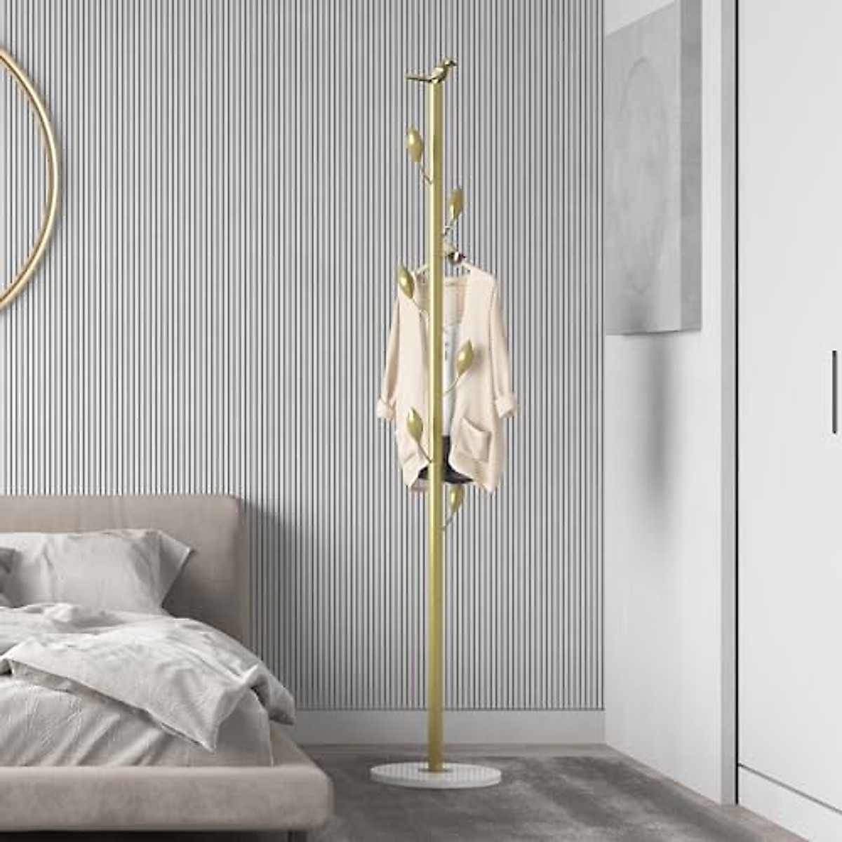 Julenshion Metal Coat Rack Freestanding Coat Tree Clothes Stand with 6 Hooks,Top with Bird, Marble Base for Coats Hats Bags Purses Entryway Hallway Bedroom(Gold