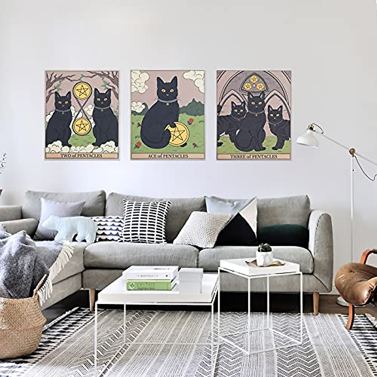 Lourny 3 Pcs Small Tarot Tapestry Wall Hanging Cute Animal Cartoon Cat Tapestries Decor for Bedroom Living Room(Pentacles, 18 x 20 inches)