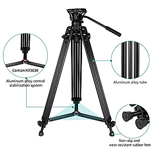 Video Tripod, COMAN KX3636 74 inch Professional Heavy Duty Aluminum Tripod with Quick Release Plate and 360 Degree Fluid Head for DSLR, Camcorder, Cameras Max Load:17.6lbs/8Kg