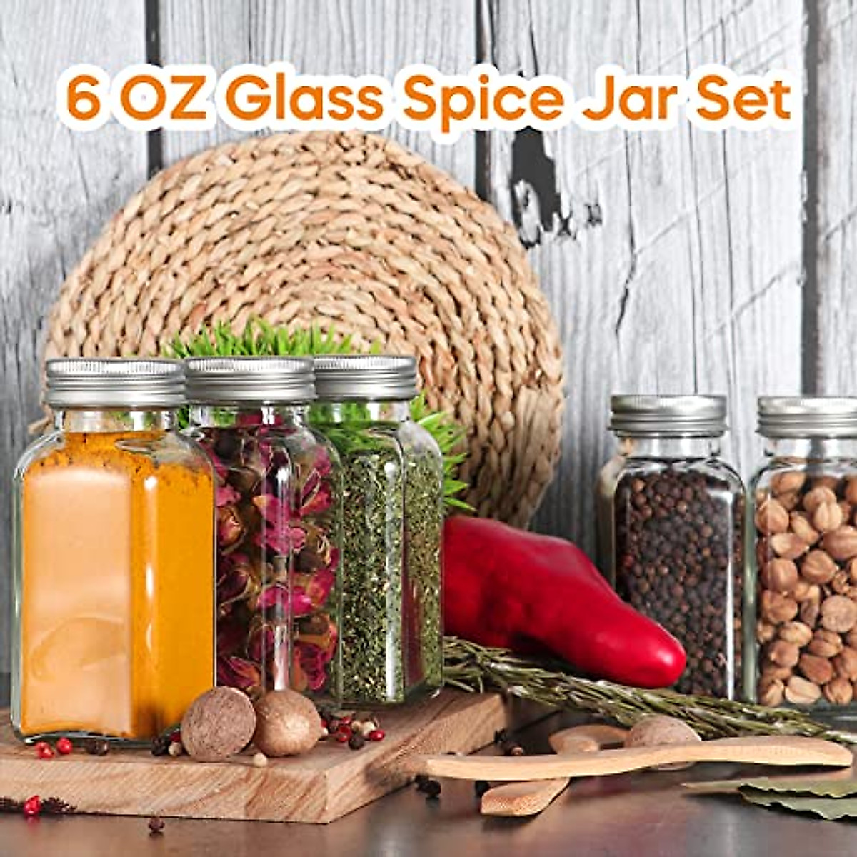 Keketin 6 oz Glass Spice Jars Bottles,25 Pack Empty Spice Jars with Shaker Lids and Labels,180ml Square Spice Containers with Airtight Silver Caps(Chalk Marker,Funnel and Brush include)
