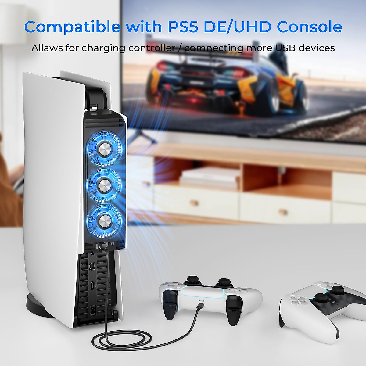 Upgraded PS5 Cooling Fan with LED Light,Quiet and Efficient Cooling System for PS5 Cooler,2 Fan Speeds,3 Small Fans,USB 3.0 Port Compatible with PlayStation 5 Digital & Discs Edition