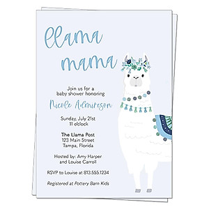 Llama Baby Shower Invitations Llama Mama Invites Blue Boy Boho Bohemian Fiesta Alpaca Custom Personalized Printed Cards (12 count)