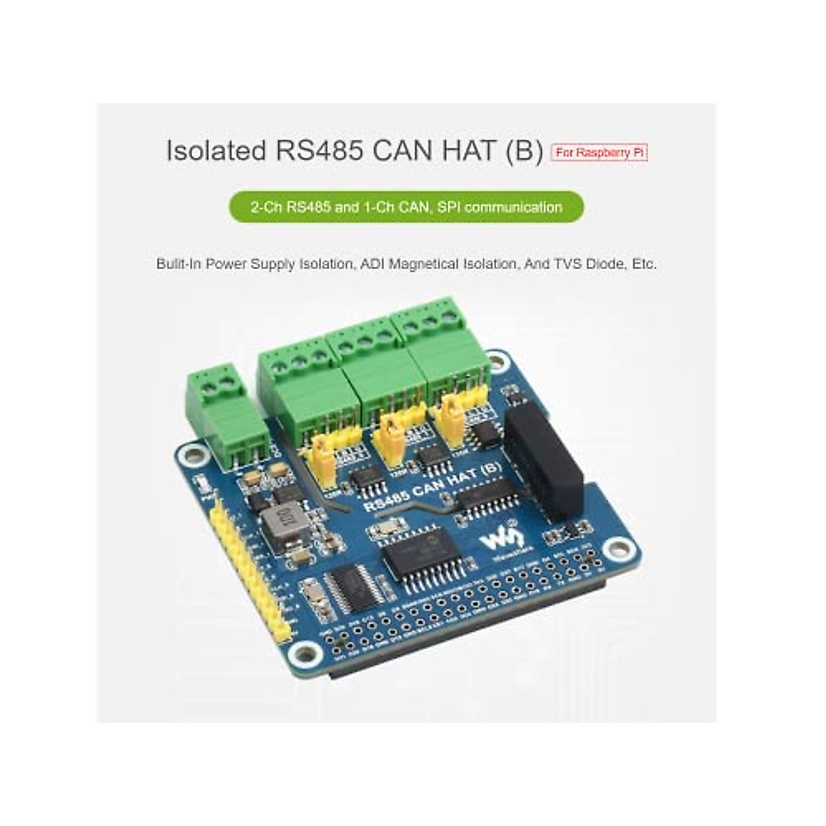 2-Channel RS485 and 1-Channel CAN Expansion Board Isolated RS485 CAN HAT (B) for Raspberry Pi 4B/3B+/3B/2B/B+/A+/Zero W/Zero WH,Multiple Protection Circuits,SPI Communication