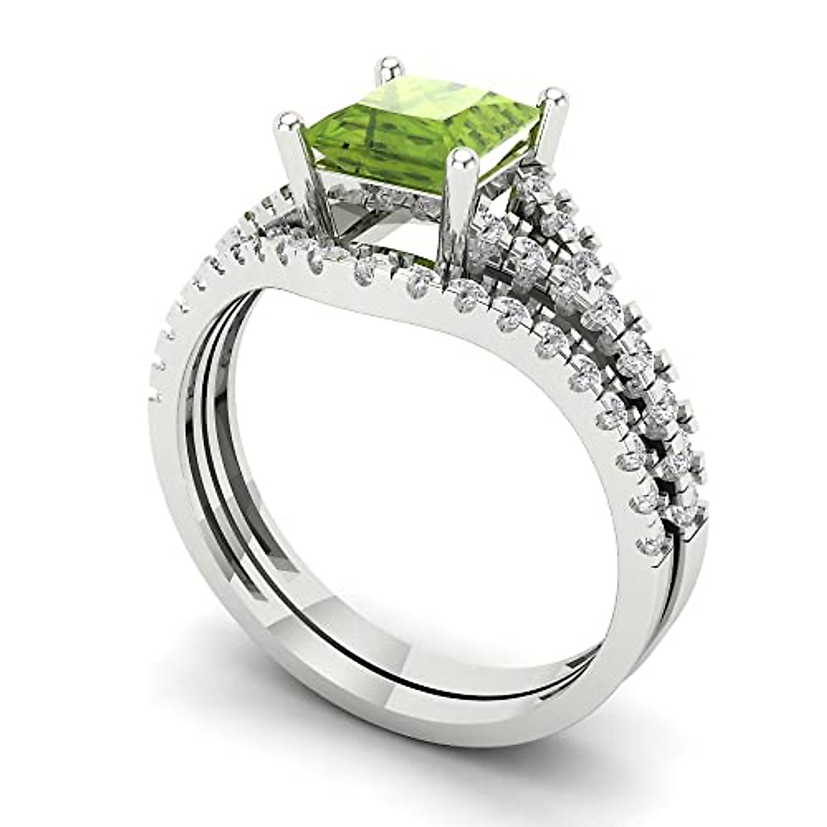 Clara Pucci 2.01ct Princess Cut Laser Engraving Green Peridot Engagement Wedding Bridal Ring Band set Curved 18K White Gold Size 4.75