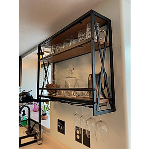 SSS Furniture Industrial Wine Rack Wall Mounted with 8 Stem Wine Glass Holder, 31.5in Hanging Wall Wine Rack Floating Bar Shelves, 3-Tier Wood Shelves Wine Shelf Home Décor Display Rack