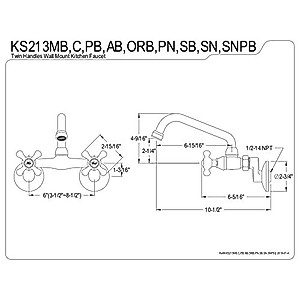 Kingston Brass KS213PB Victorian Two Handle Wall Mount Kitchen Faucet, 7-Inch, Polished Brass