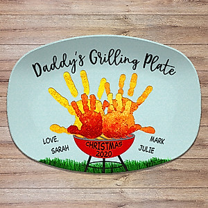 Camcam Handprint Custom Grilling Plate Personalized Platter For Father's Day Daddy's Handprints Of Dad And Son Daughter Serving Trays Plates Fish Dish, Steak, 10'' x 14''
