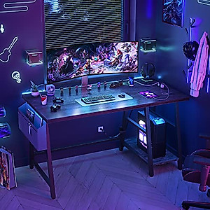 Armocity Computer Desk with Outlet and USB Charging Port, 47 Inch Desk with Reversible Storage Shelves, Modern Gaming Desk with Moveable Monitor Stand and Storage Bag for Home Office Workstation, Gray