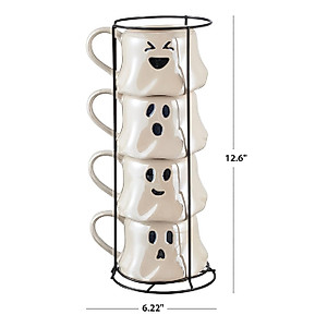 Way To Happiness 13-Ounce Halloween White Ghost Stoneware Stackable Mug Set with Iron Rack, Cute and Spooky Coffee Mugs