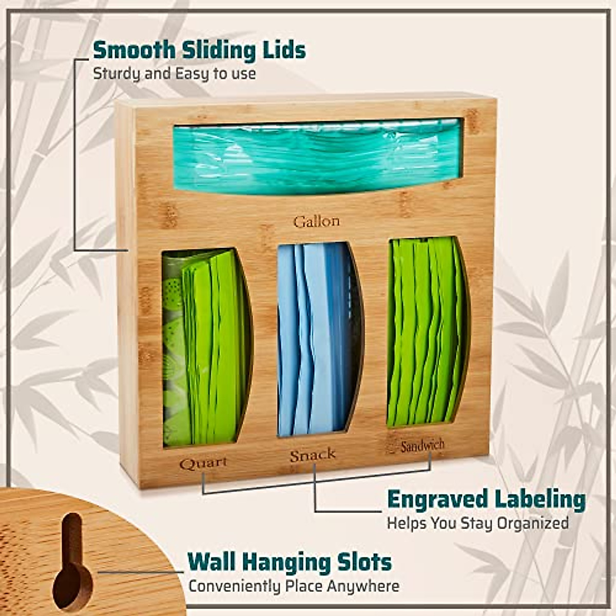 Carnation Brands Bamboo Ziplock Bag Organizer for Drawer - Rustic Brown Dispenser Kitchen Organization Pre-Assembled Baggie Storage to Minimize Clutter 12-''x12-''x3-''